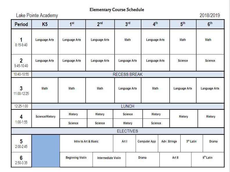 Elementary Class Schedule - Lake Pointe Academy